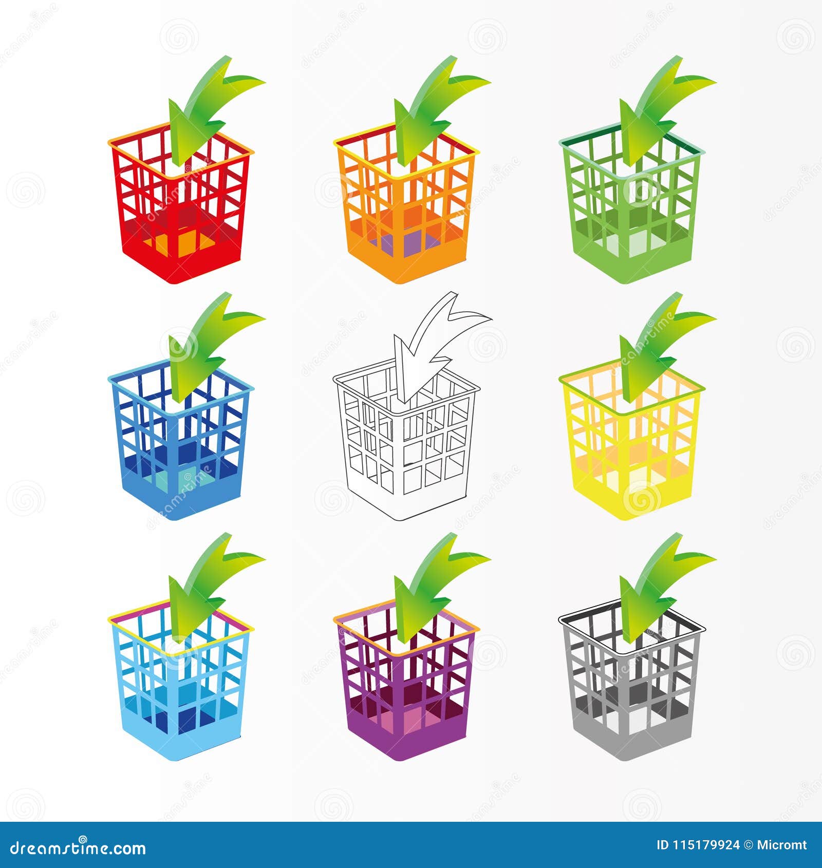 Plastic Basket Set, Trash Bins on White. Multicolor Garbage Can ... Plastic Basket Set, Trash Bins on White. Multicolor Garbage Can ...