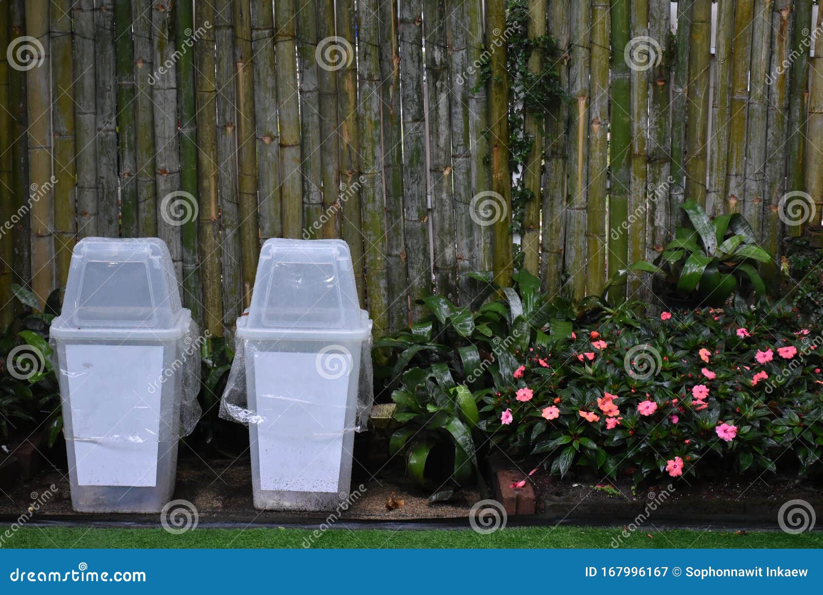 Plastic Bins in Front of the Bamboo Wall Stock Image - Image of ...