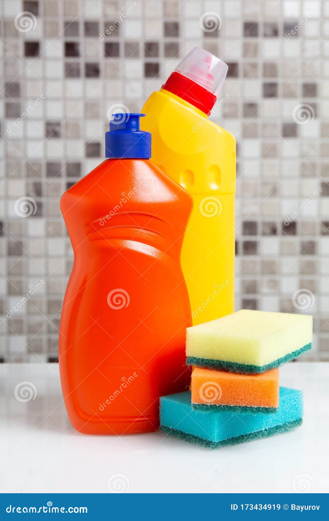 Plastic Bottle with Cleaning Agent and Sponges Stock Image - Image of ...