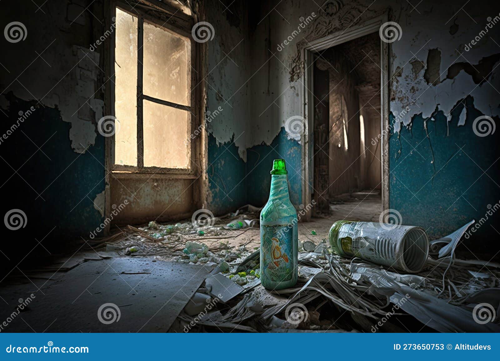 Plastic Bottle Filled with Trash and Debris Inside Abandoned Building ...