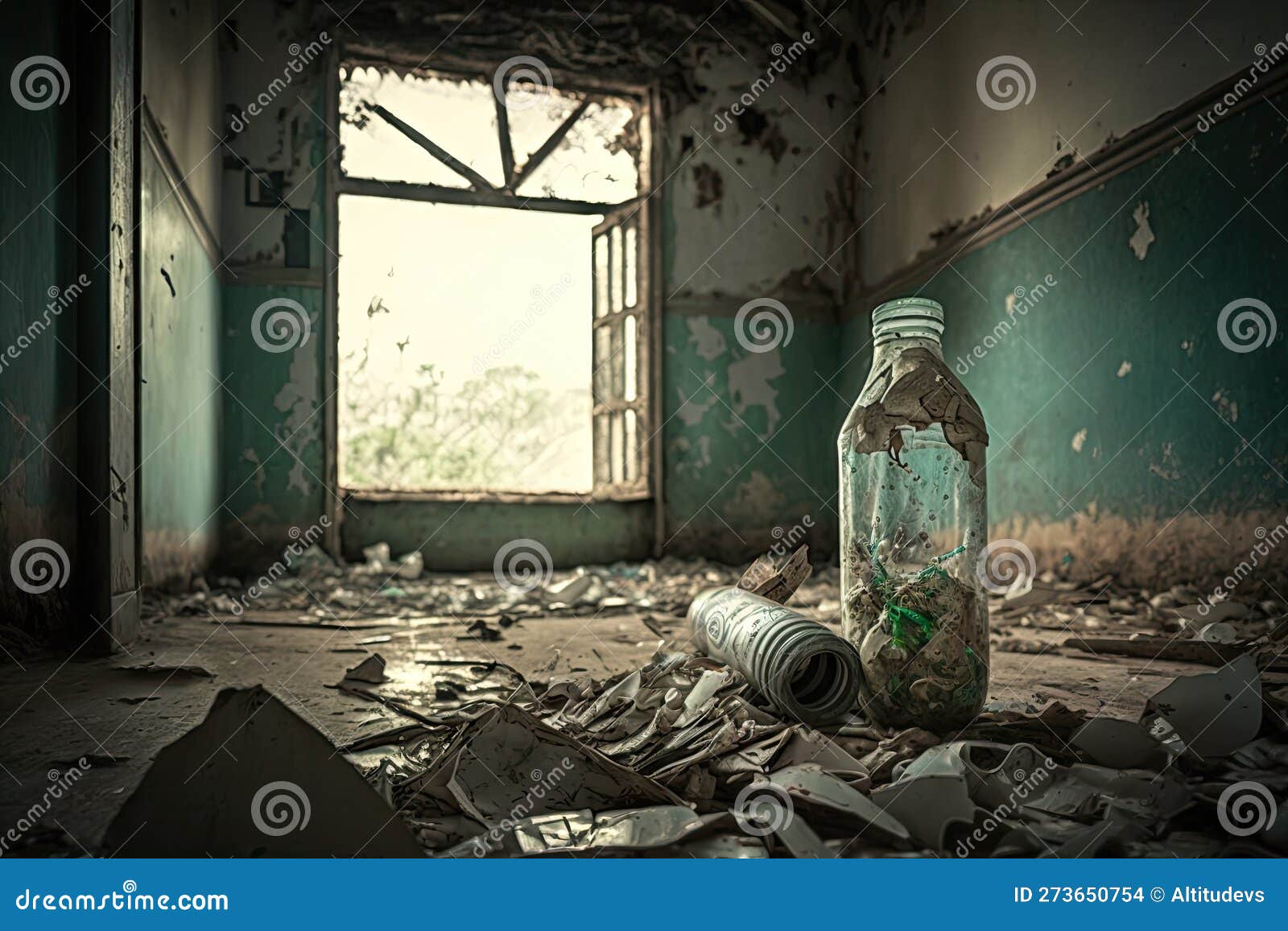 Plastic Bottle Filled with Trash and Debris Inside Abandoned Building ...
