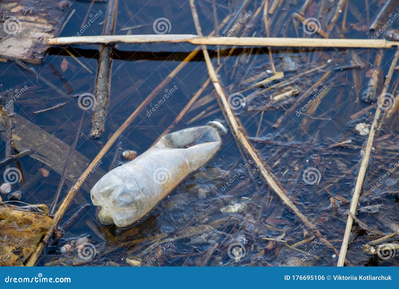 Plastic Bottle Floats in River Water in Spring in Ukraine Stock Photo ...