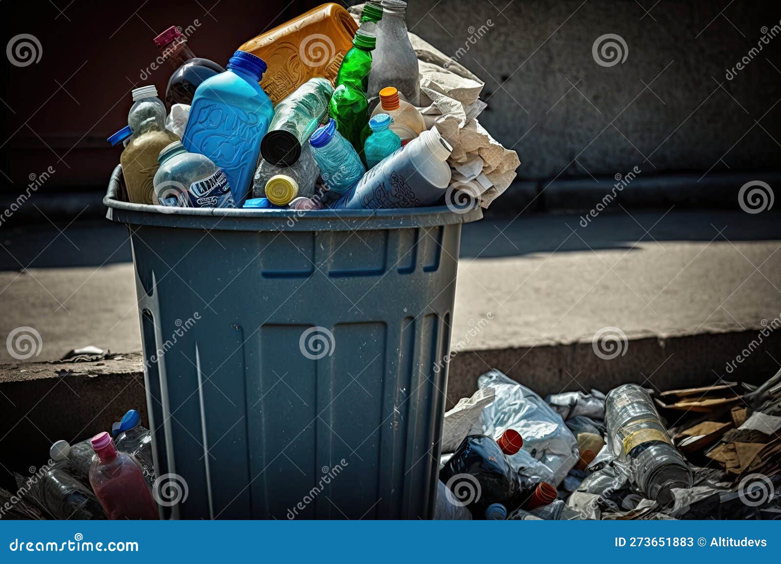Plastic Bottle Garbage Bin Overflowing With Empty Plastic Bottles And Other Trash Stock Image