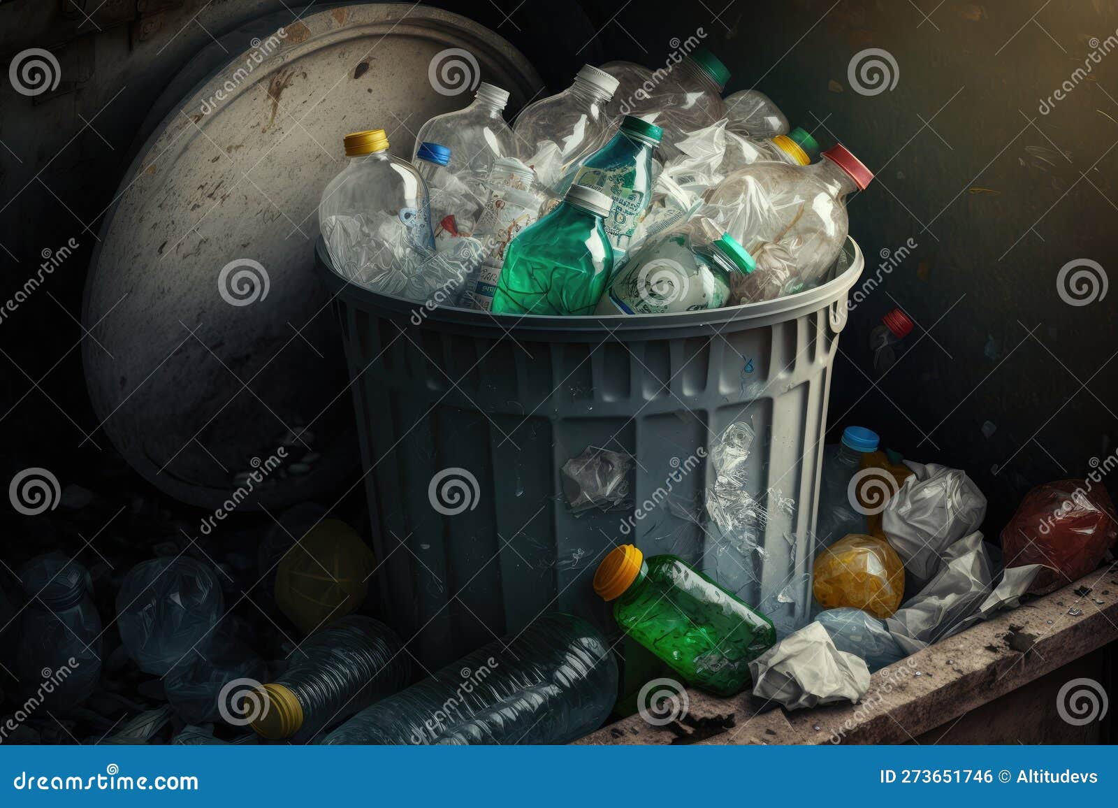 Plastic Bottle Garbage Bin Overflowing with Trash, Including Other ...