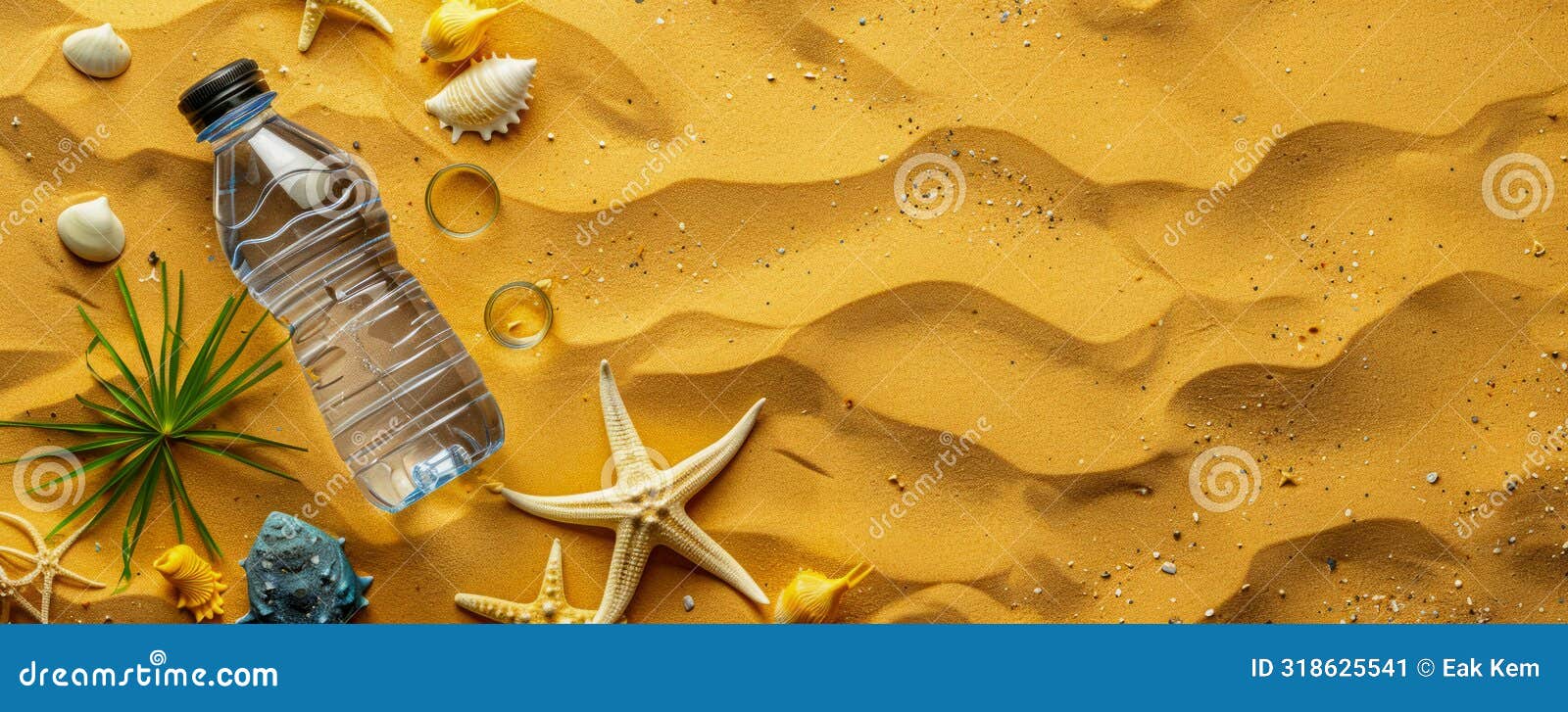 Plastic Bottle on Sandy Beach with Shells, Starfish, and Tropical ...