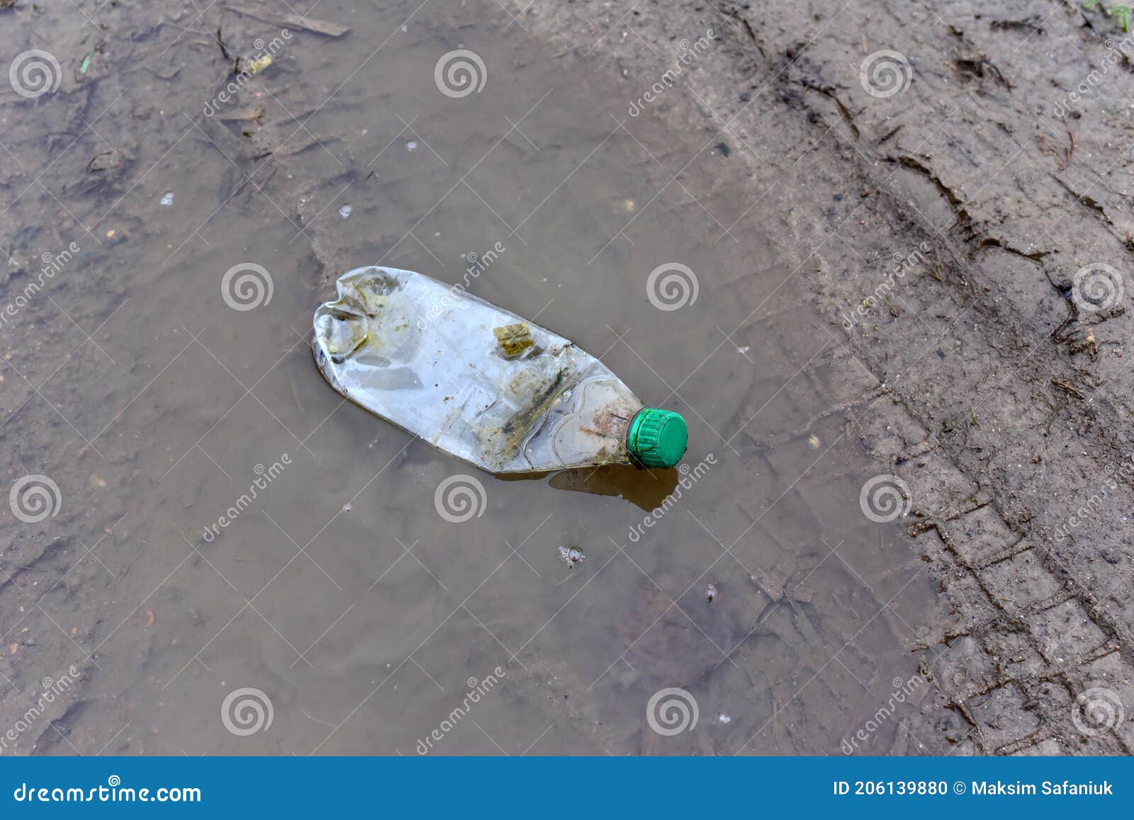 A Plastic Bottle is Thrown into a Puddle on the Ground. Environmental ...