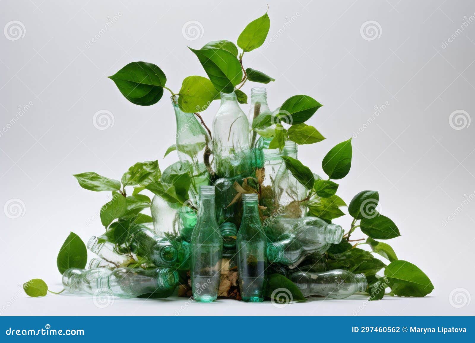 Plastic Bottles and Green Leaves on White Background. Ecology Concept ...