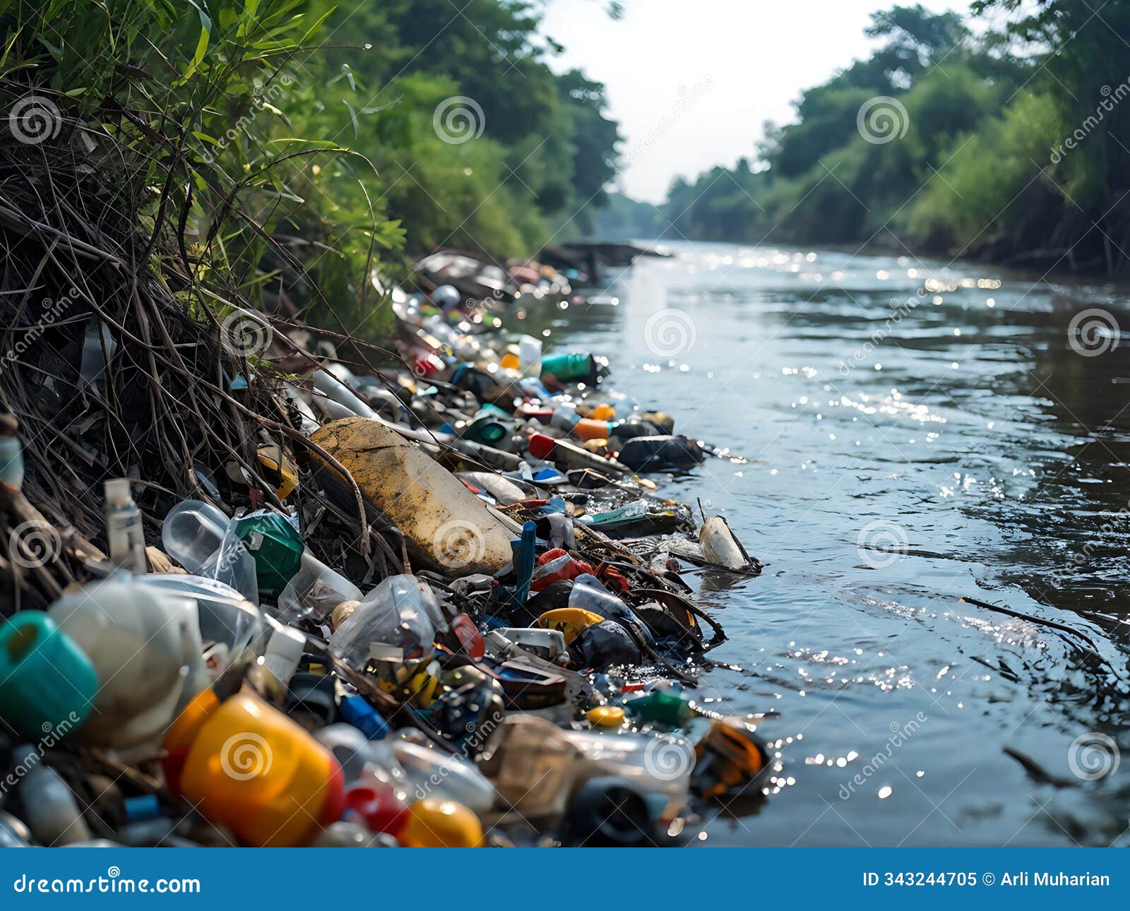 Plastic Pollution in a River Stock Illustration - Illustration of ...