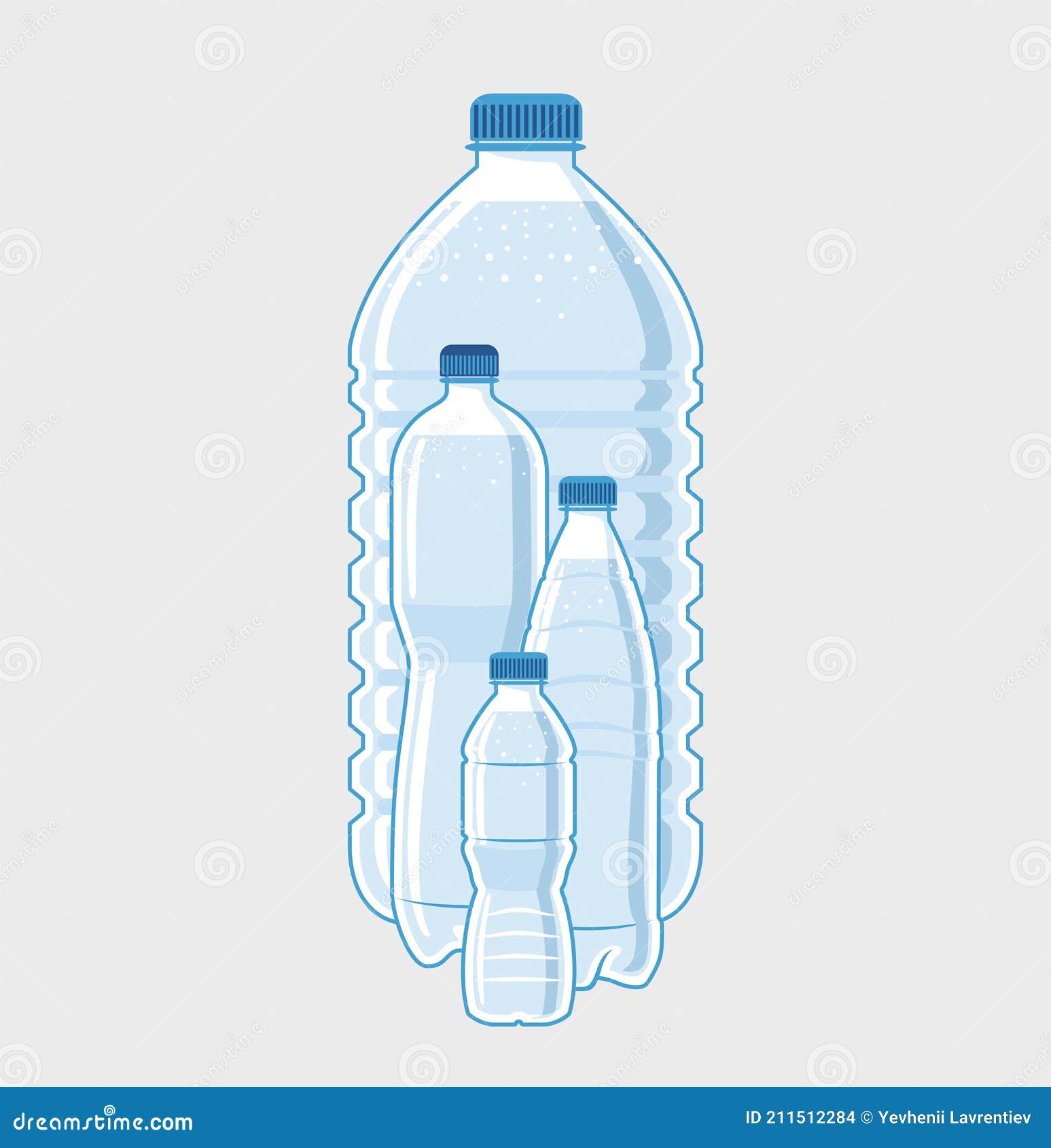 Plastic Bottles of Various Sizes Filled with Water. Transparent ...