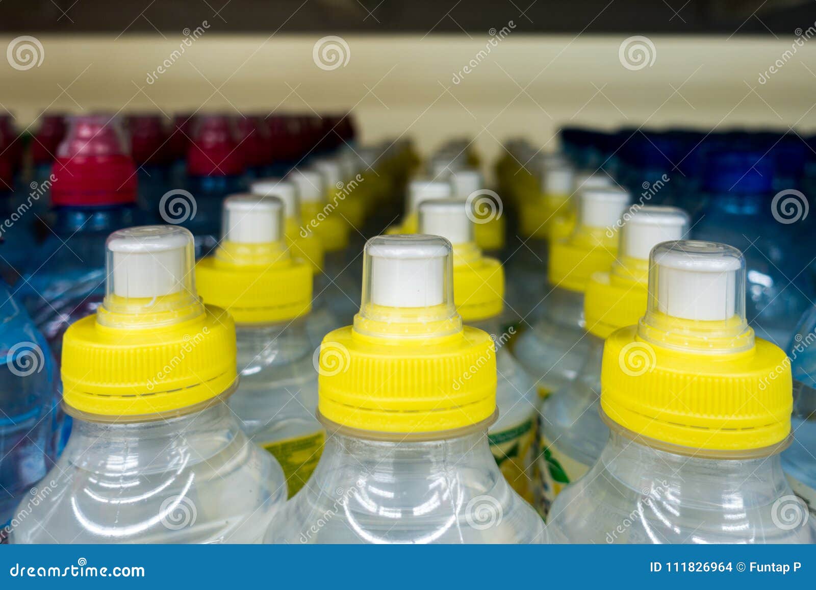 Plastic Bottles with Water, Color Caps Stock Photo - Image of clean ...