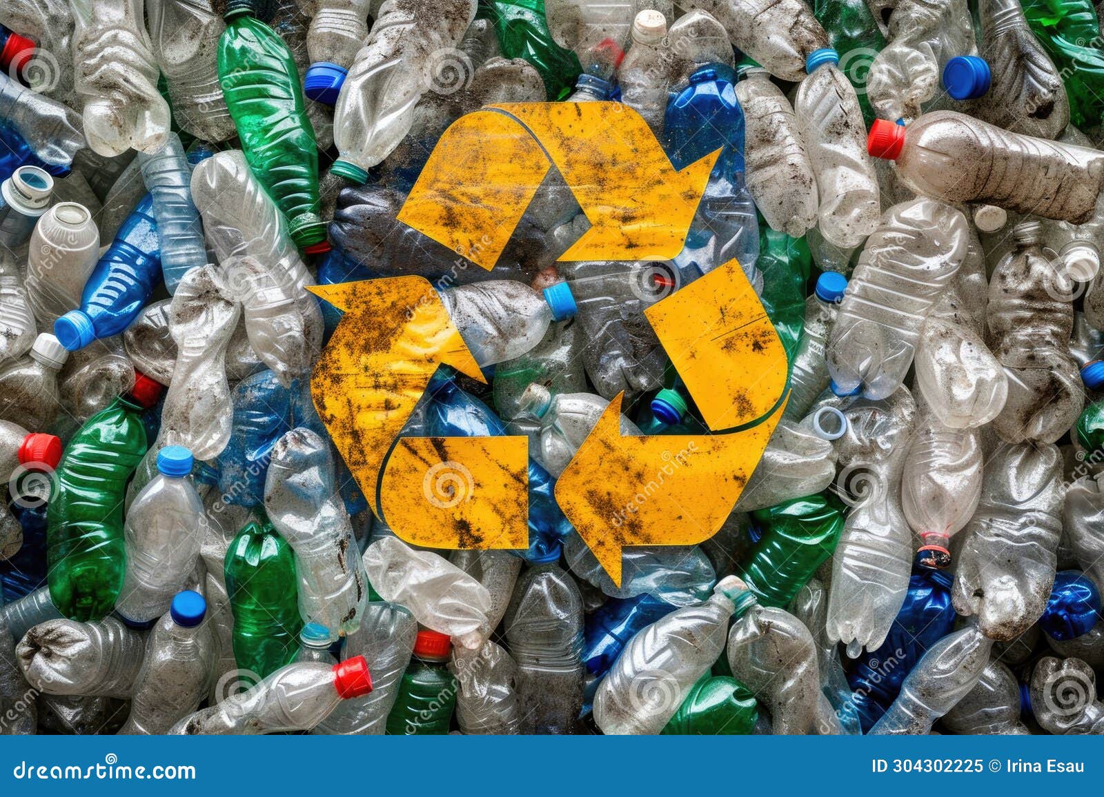 Plastic Bottles with a Yellow Recycling Symbol from Above Stock Image ...