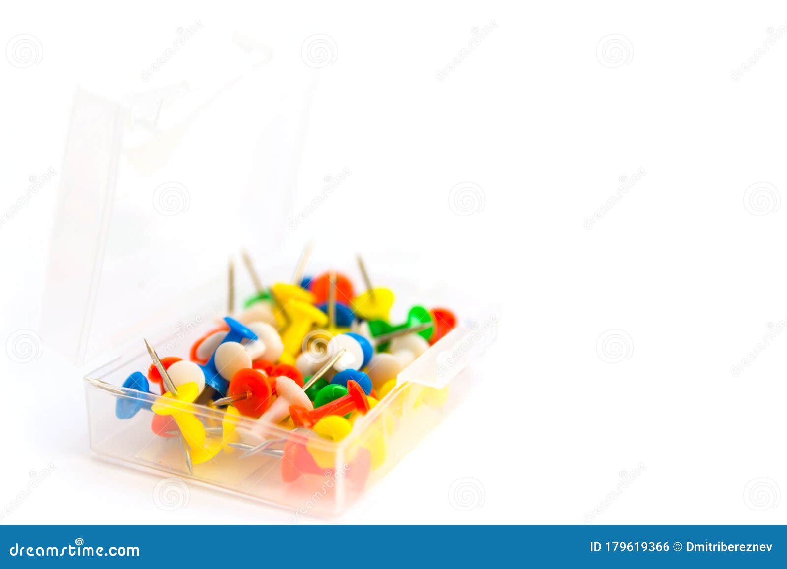 Plastic Box with Multi-colored Pushpins on the White Background Stock ...