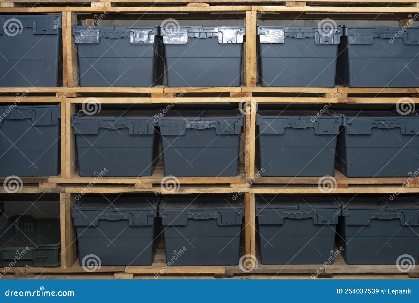 Plastic Boxes are Arranged in a Row on Wooden Racks Made of Pallets ...