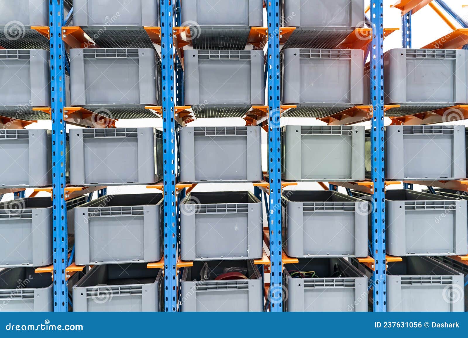 Plastic Boxes in the Cells of the Automated Warehouse. Metal ...