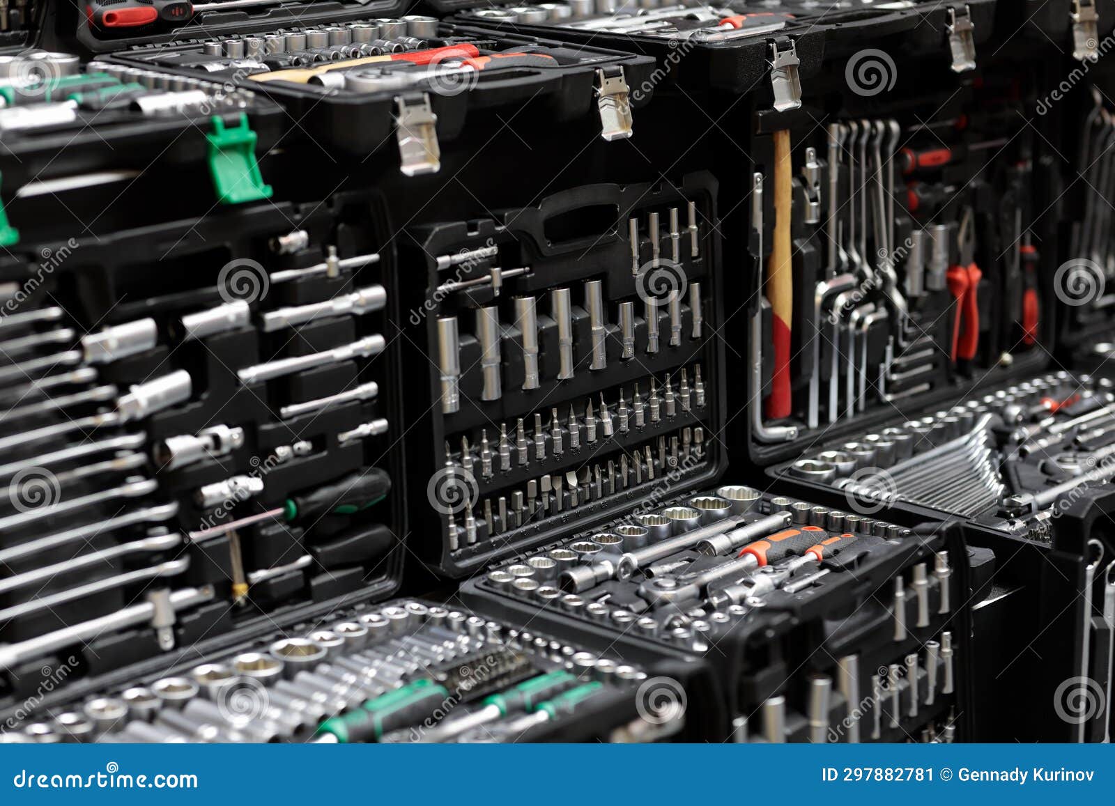 Plastic Boxes with Mechanic Tool Sets on Showcase Stock Image - Image ...