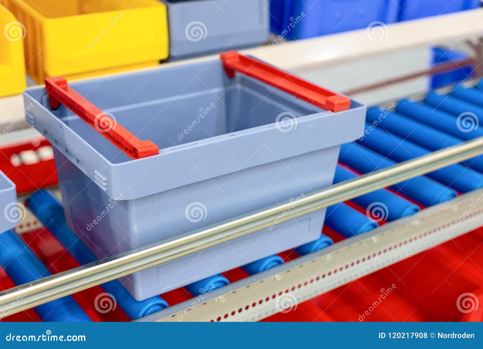 Plastic Boxes on the Roller Conveyor. Stock Photo - Image of equipment ...