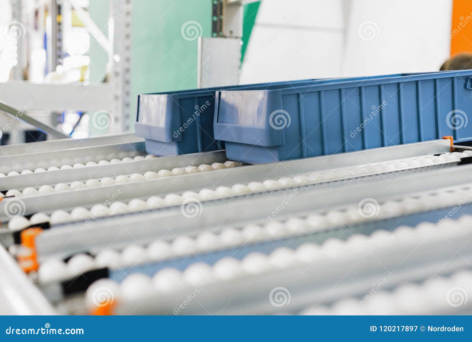 Plastic Boxes on the Roller Conveyor. Stock Image - Image of shelf ...