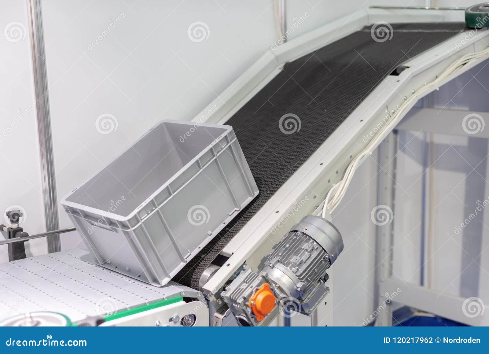 Plastic Boxes on the Roller Conveyor. Stock Photo - Image of shelf ...