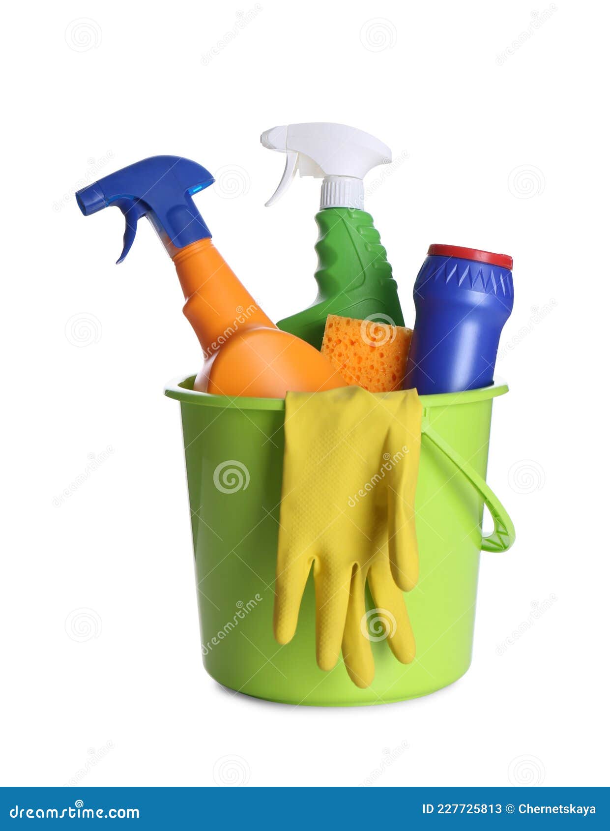 Plastic Bucket with Cleaning Supplies Isolated on White Stock Image ...