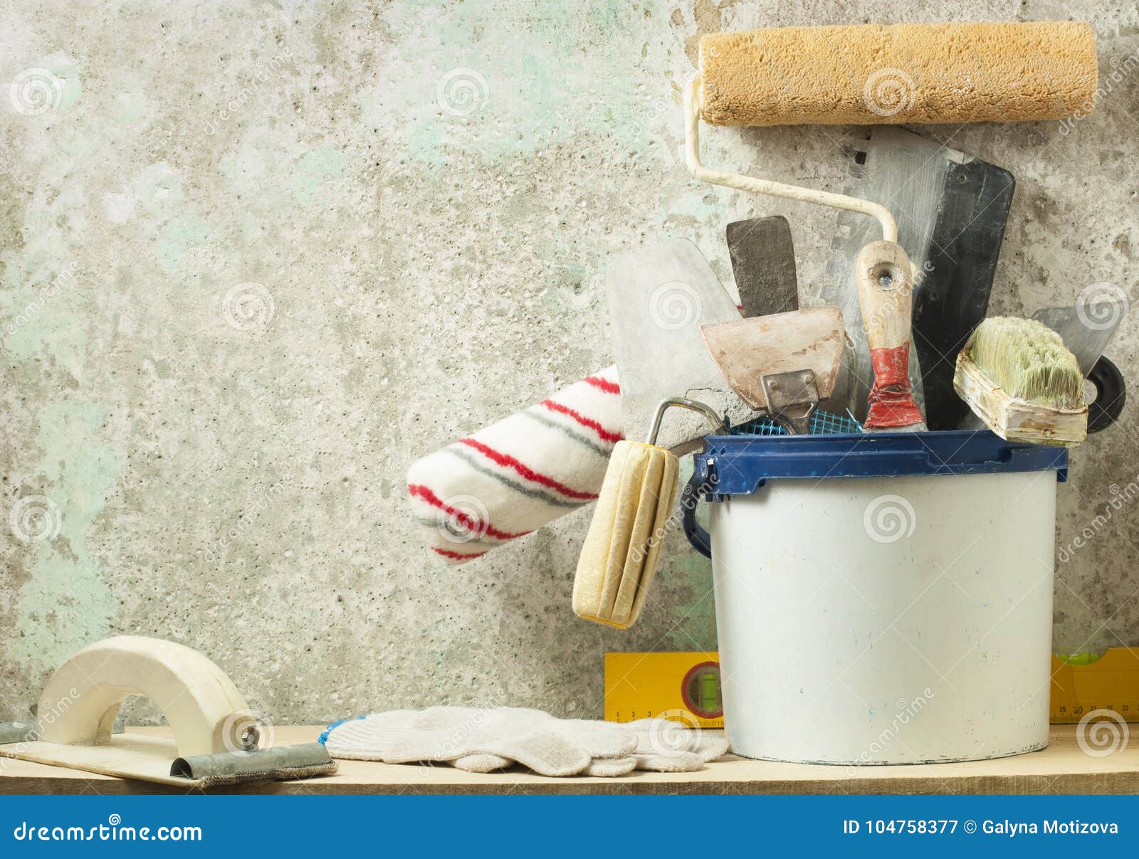 Plastic Bucket with Construction Tools. Renovation Concept. Stock Image ...