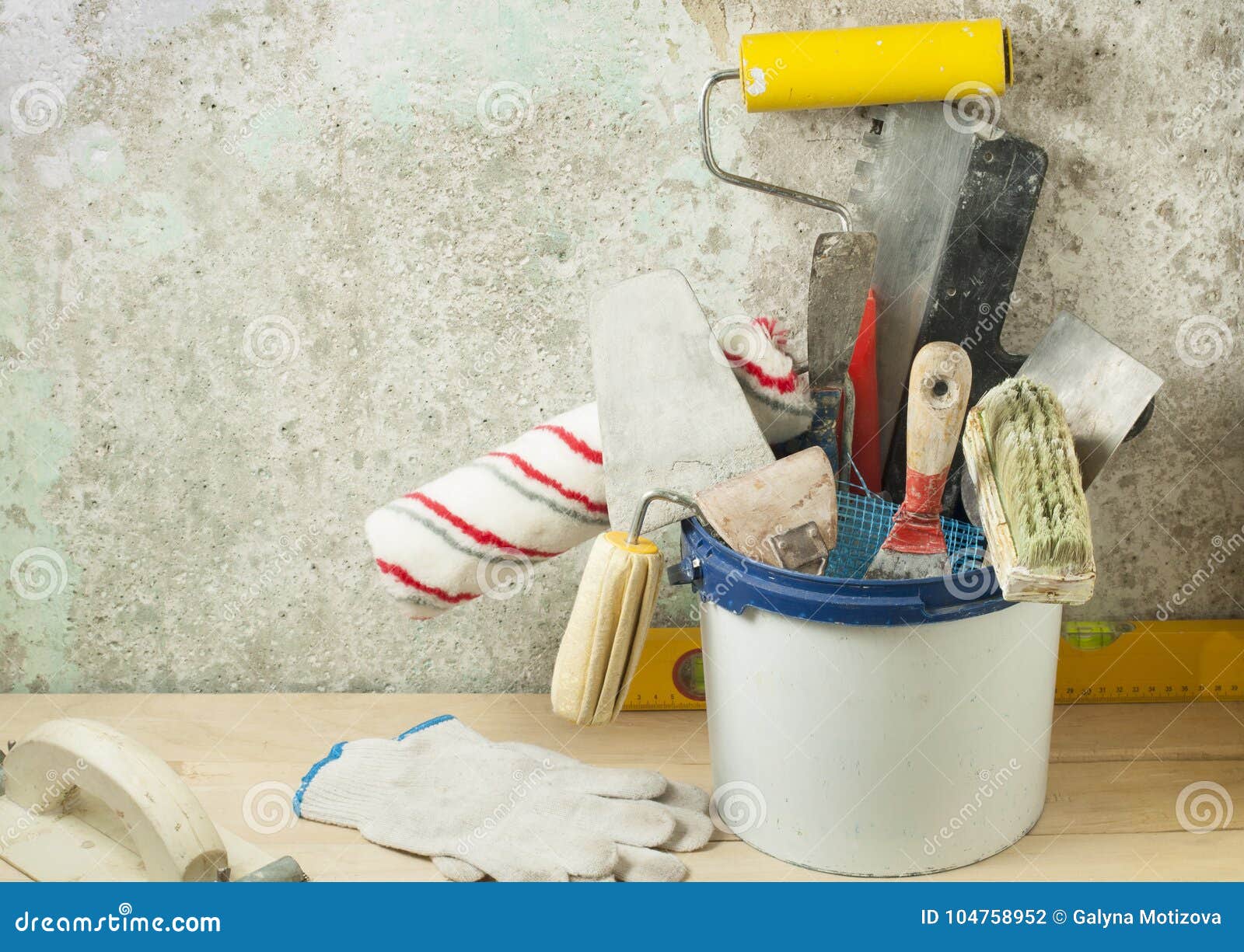 Plastic Bucket with Construction Tools. Renovation Concept. Stock Photo ...