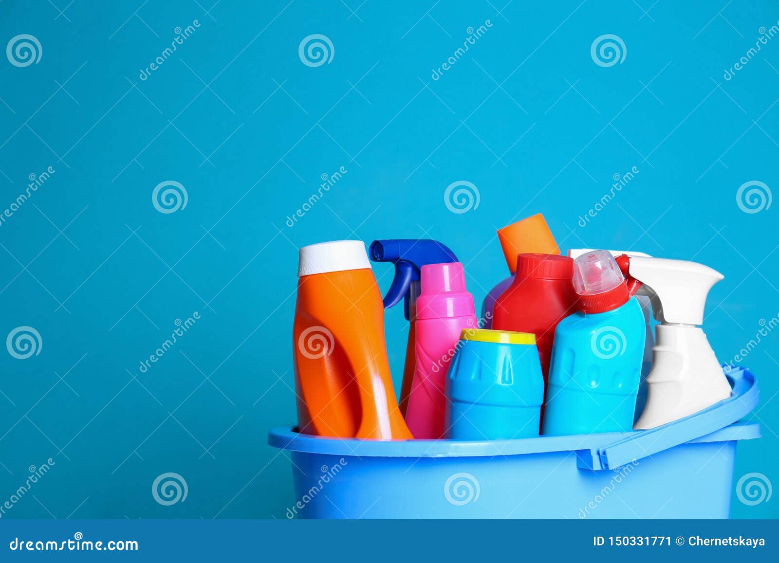 Plastic Bucket with Different Cleaning Products Stock Image - Image of ...