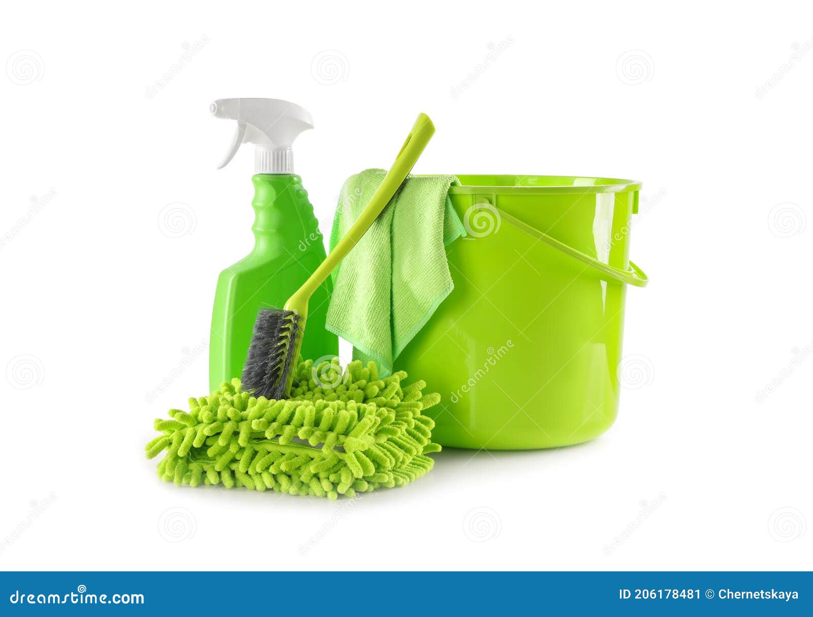Plastic Bucket with Different Cleaning Supplies Isolated on White Stock ...