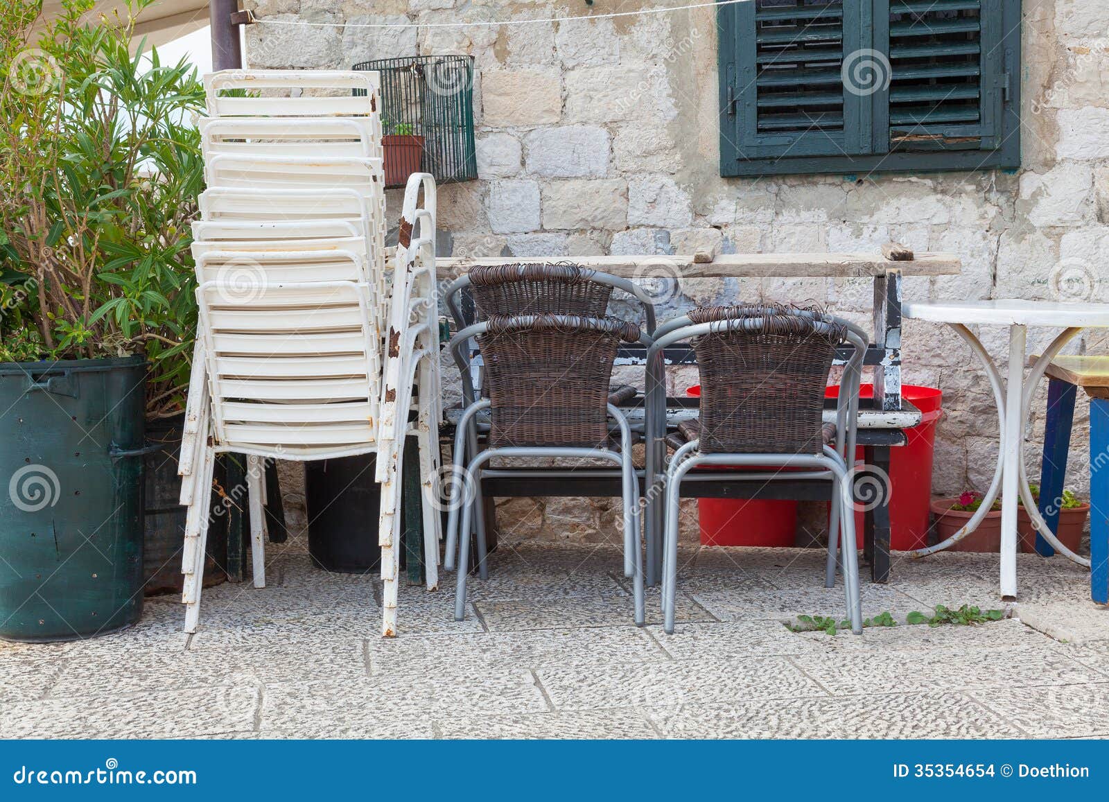 Plastic Chairs Stacked Up Broken and Unused Stock Photo - Image of ...