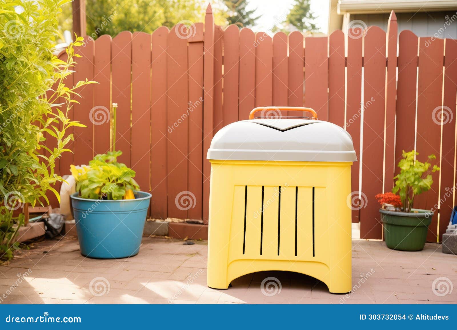 Plastic Compost Bin with Air Vents in a Sunny Backyard Stock Photo ...