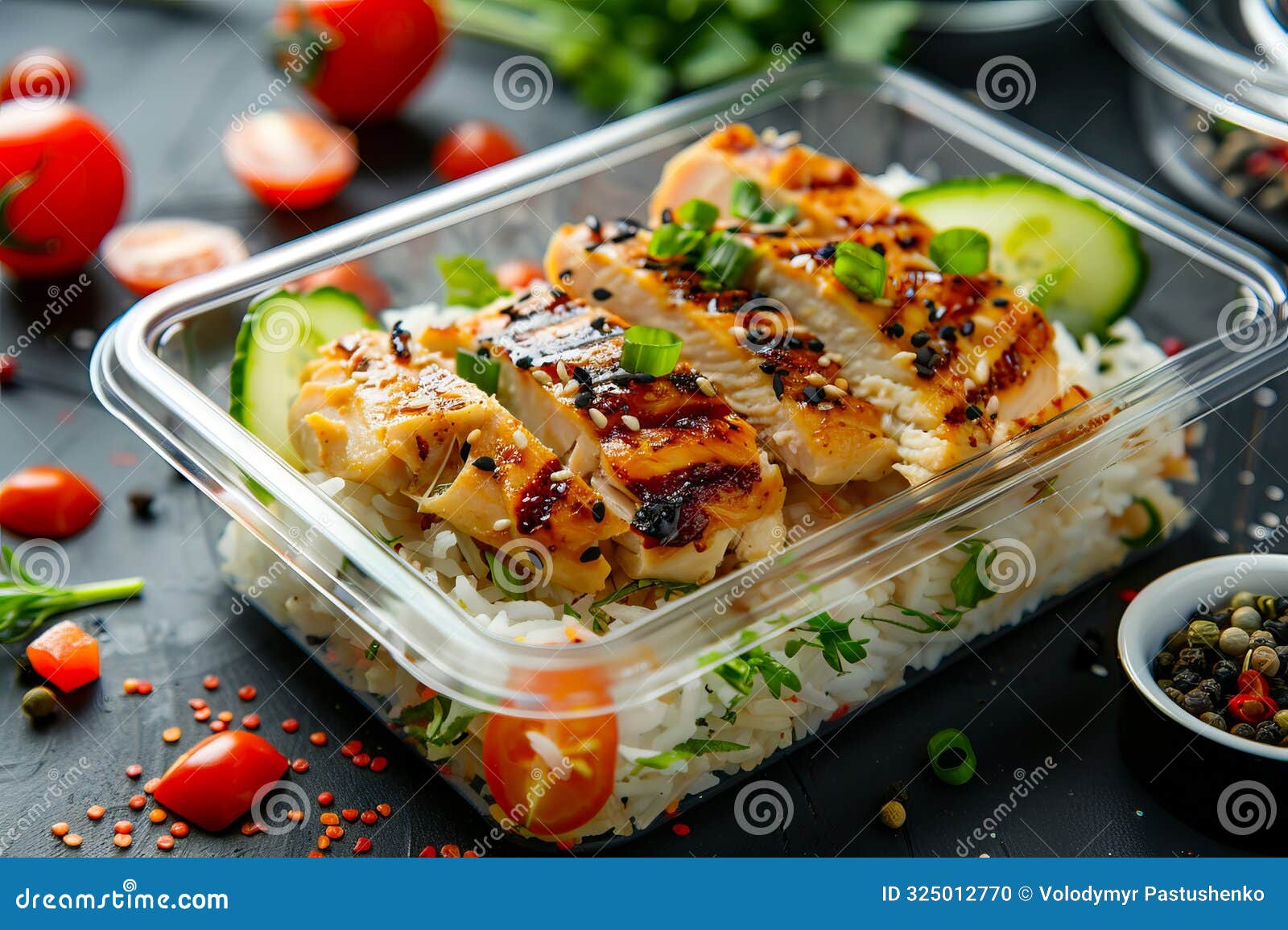 A Plastic Container with Chicken and Rice Stock Photo - Image of salad ...