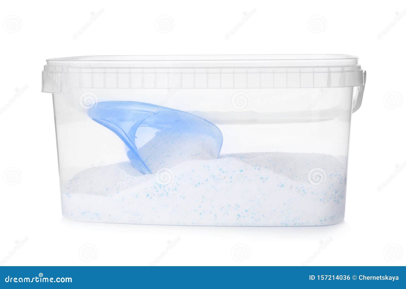 Plastic Container with Laundry Powder and Measuring Cup on White Stock ...