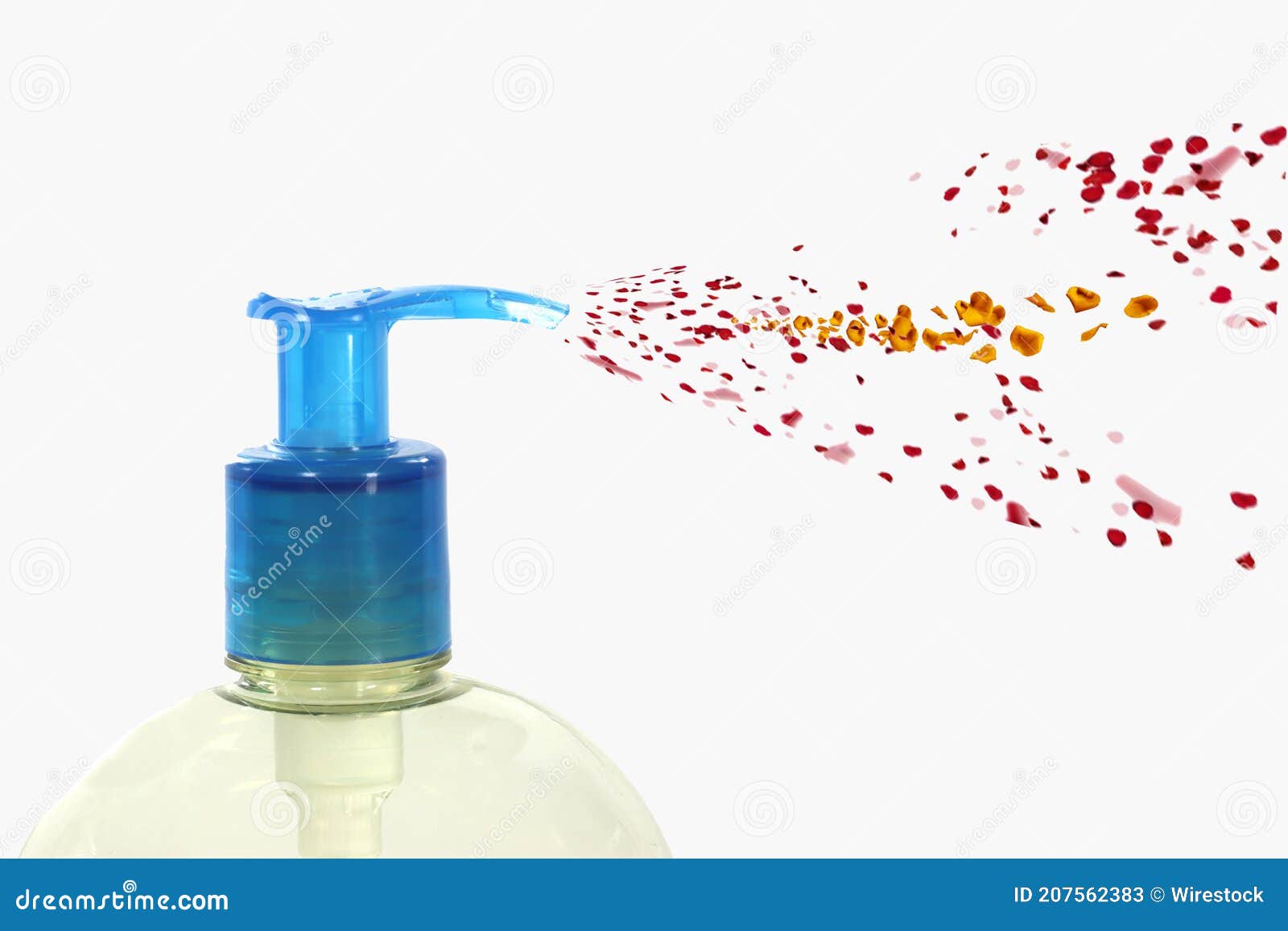 Plastic Container with Liquid Soap Spraying Essence of Petals Isolated ...