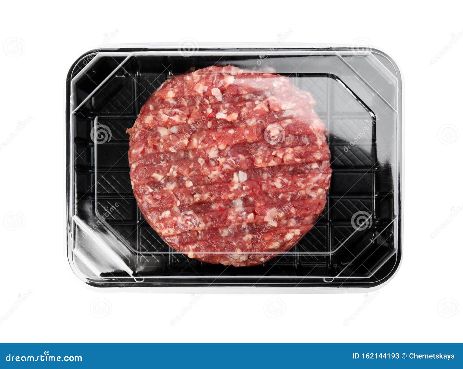 Plastic Container with Raw Meat Cutlet for Burger Isolated on White ...