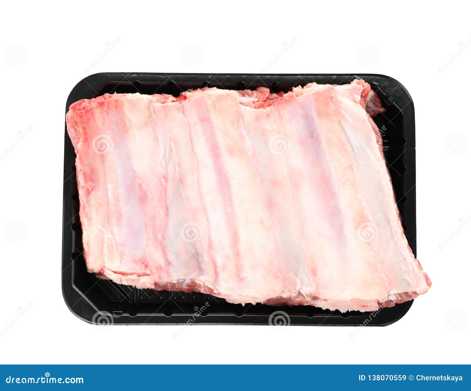 Plastic Container with Raw Ribs on White, Top View. Fresh Meat Stock ...