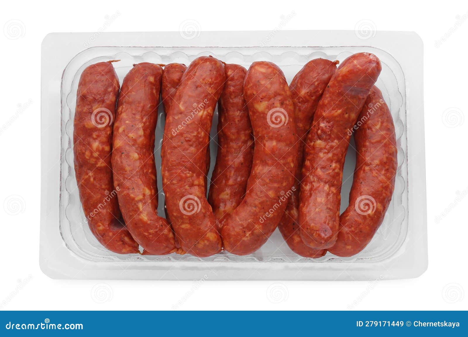 Plastic Container with Sausages Isolated on White, Top View. Meat ...
