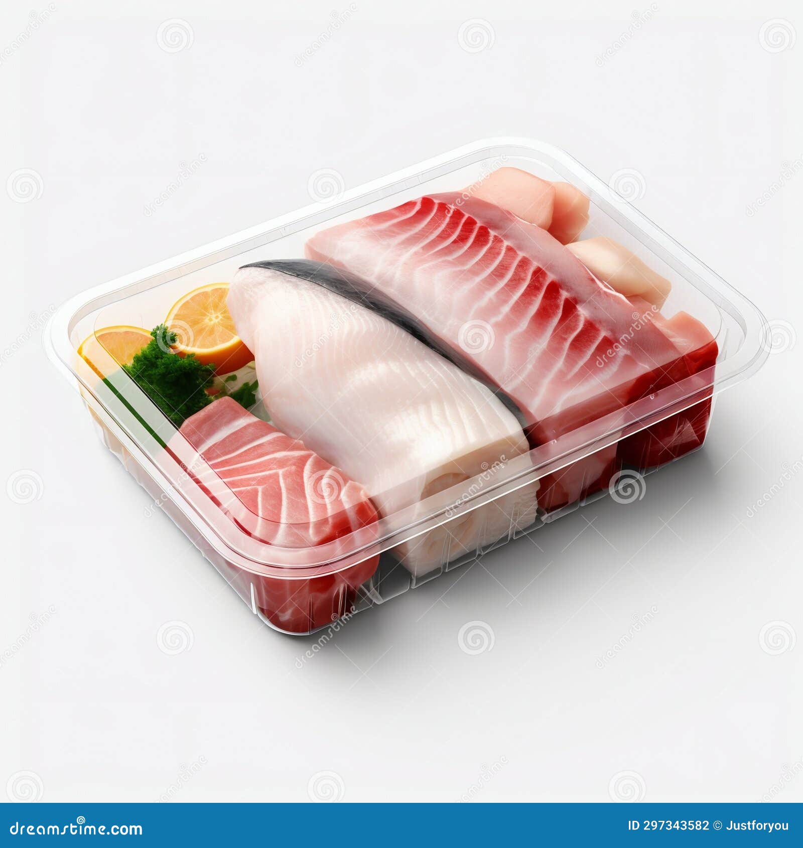 Plastic Container with Seafood Selection Isolated on White Background ...