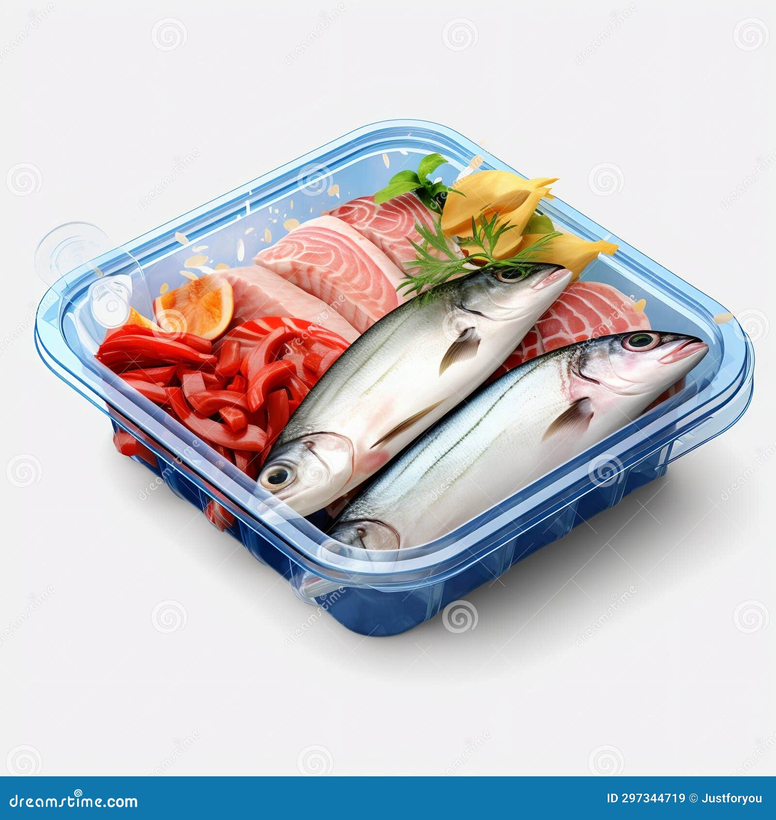 Plastic Container with Seafood Selection Isolated on White Background ...