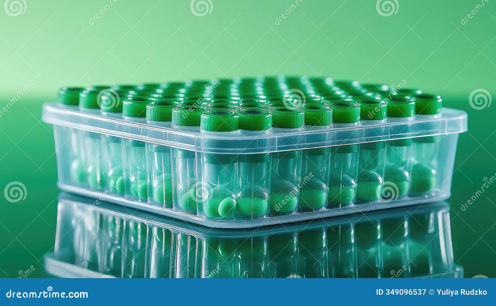 Plastic Container with Small Green Vials on Reflective Surface Stock ...