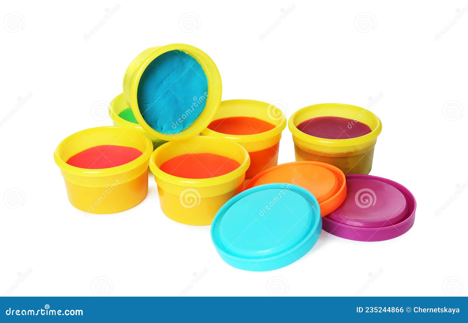 Plastic Containers with Colorful Play Dough on White Background Stock ...