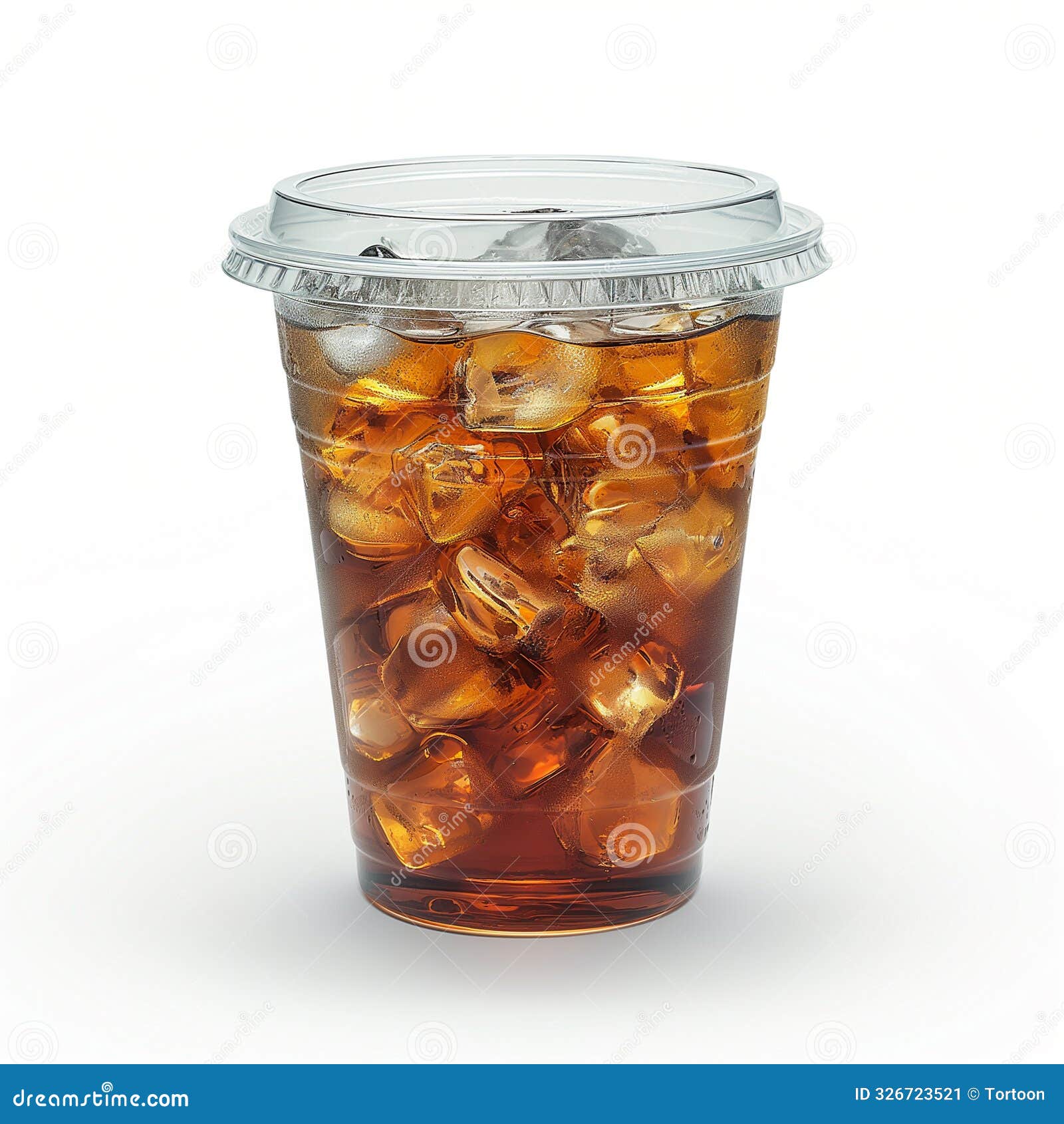 A Plastic Cup Filled With Iced Tea, With Clear Ice Cubes, Condensation ...