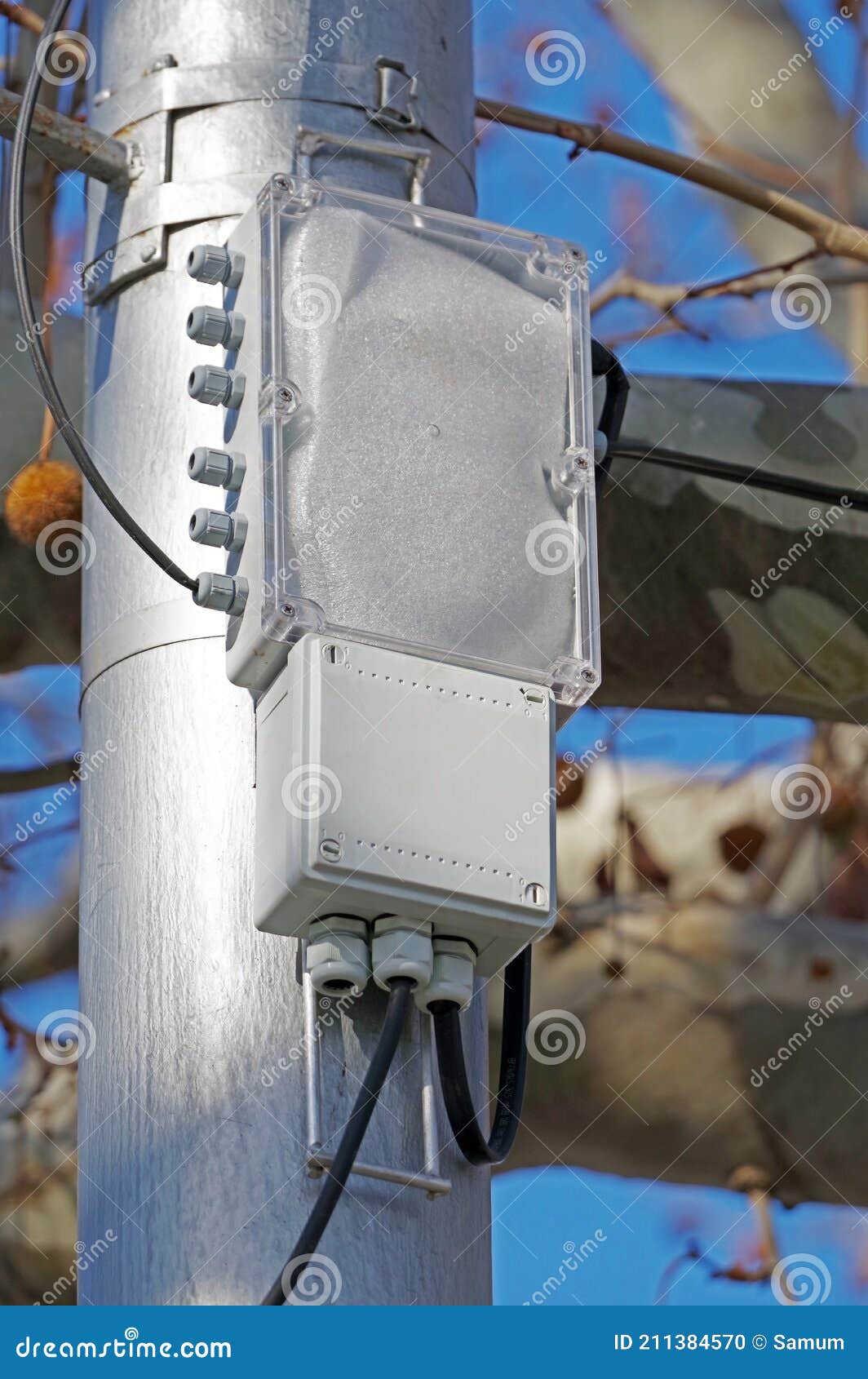Plastic Electrical Junction Box Fixed on Post Stock Photo - Image of ...
