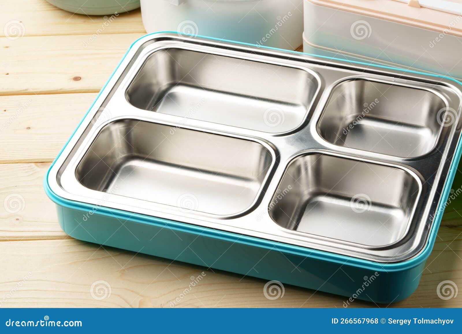 Plastic Empty Lunch Box with Metal Compartments Close Up Stock Photo ...
