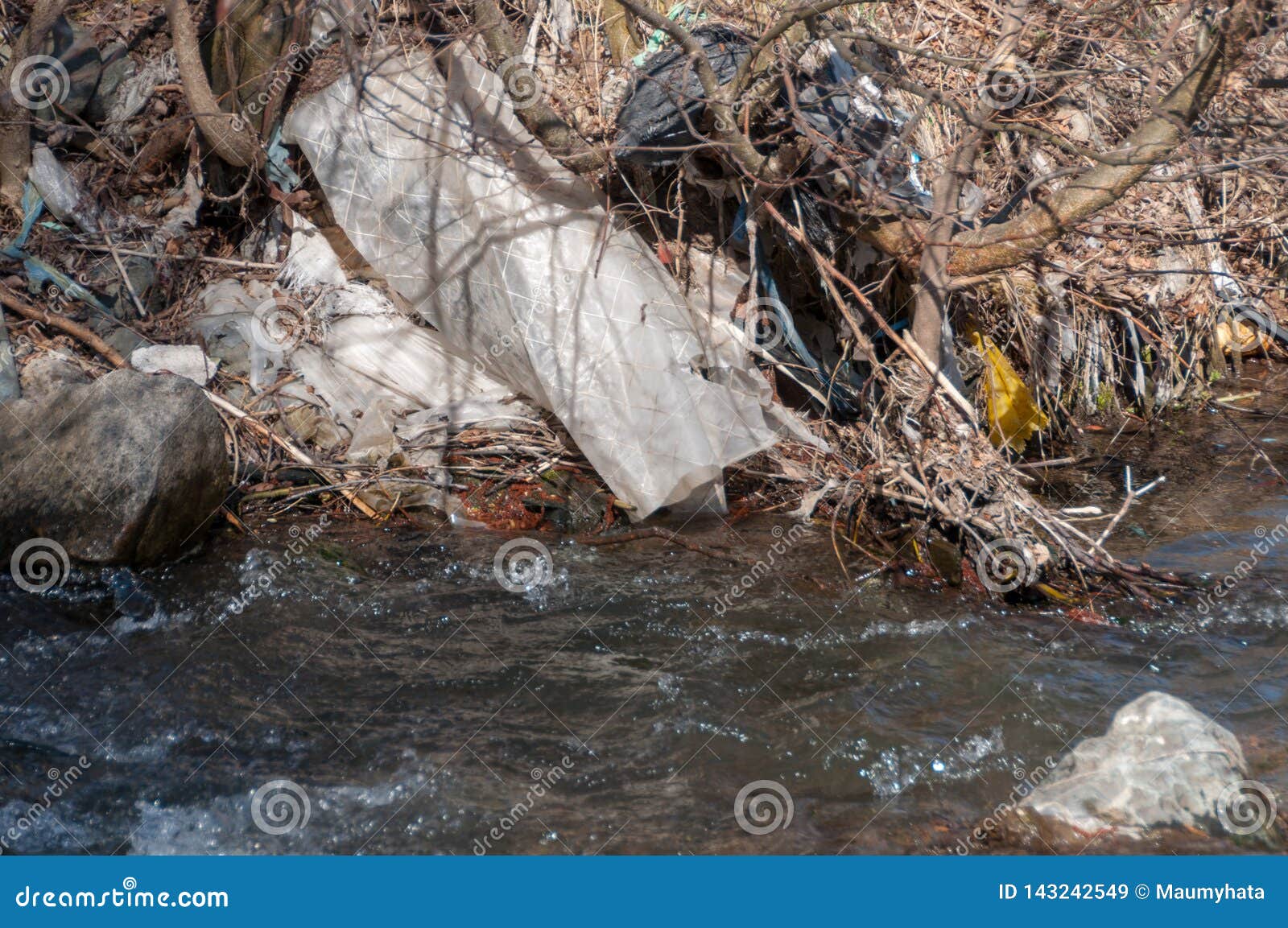 Plastic and Foam Garbage Floating on the Surface of the River Stock ...