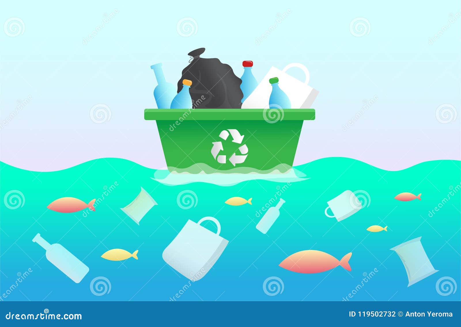 Plastic Garbage Bag, Bottle In The Ocean. Environmental Design Plastic ...