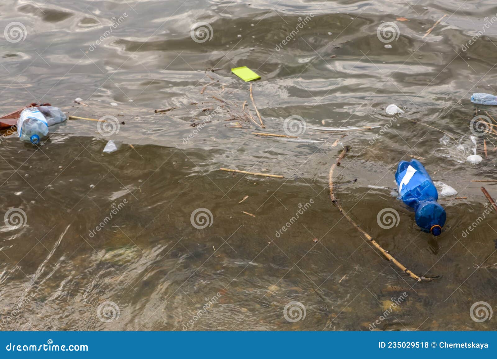 Plastic Garbage Floating in River. Environment Pollution Problem Stock ...