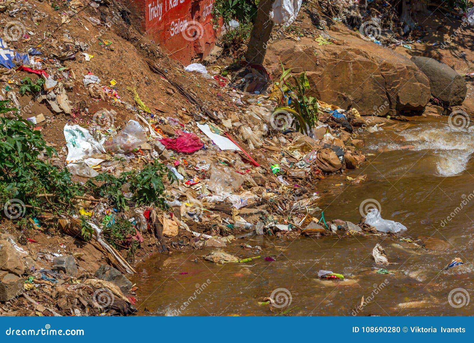 Plastic Garbage Floating In River. India, Nilgiri, Coonoor Town ...