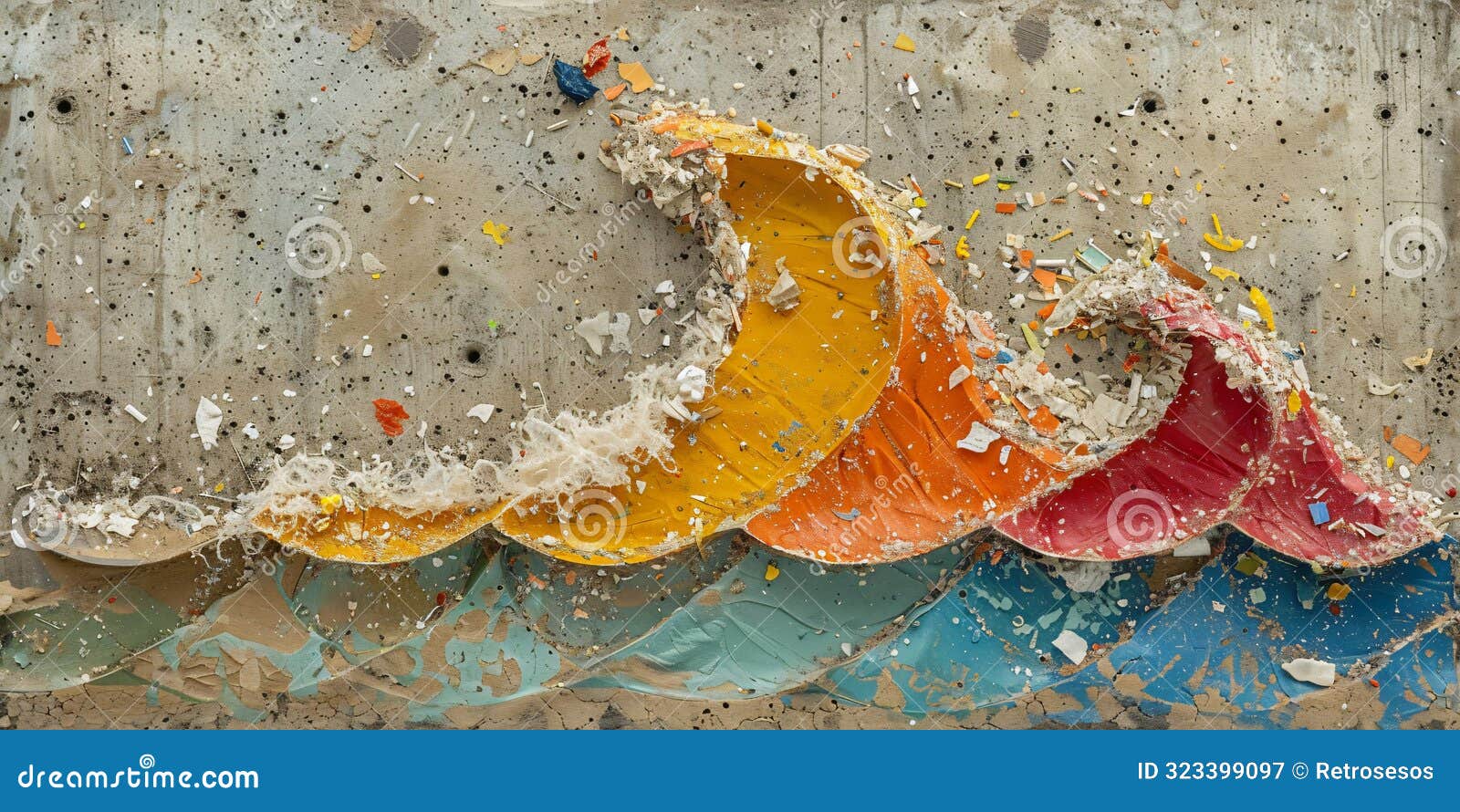 Colorful Plastic Trash Forming Ocean Waves on Concrete Wall Symbolizing ...