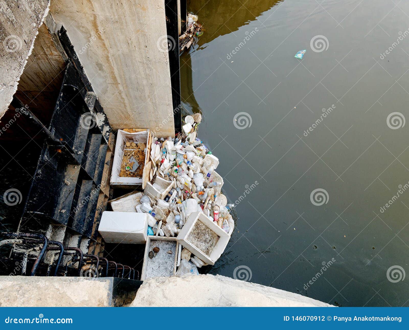 River Pollution Near The Shore, Garbage Pack Near The River, Plastic ...