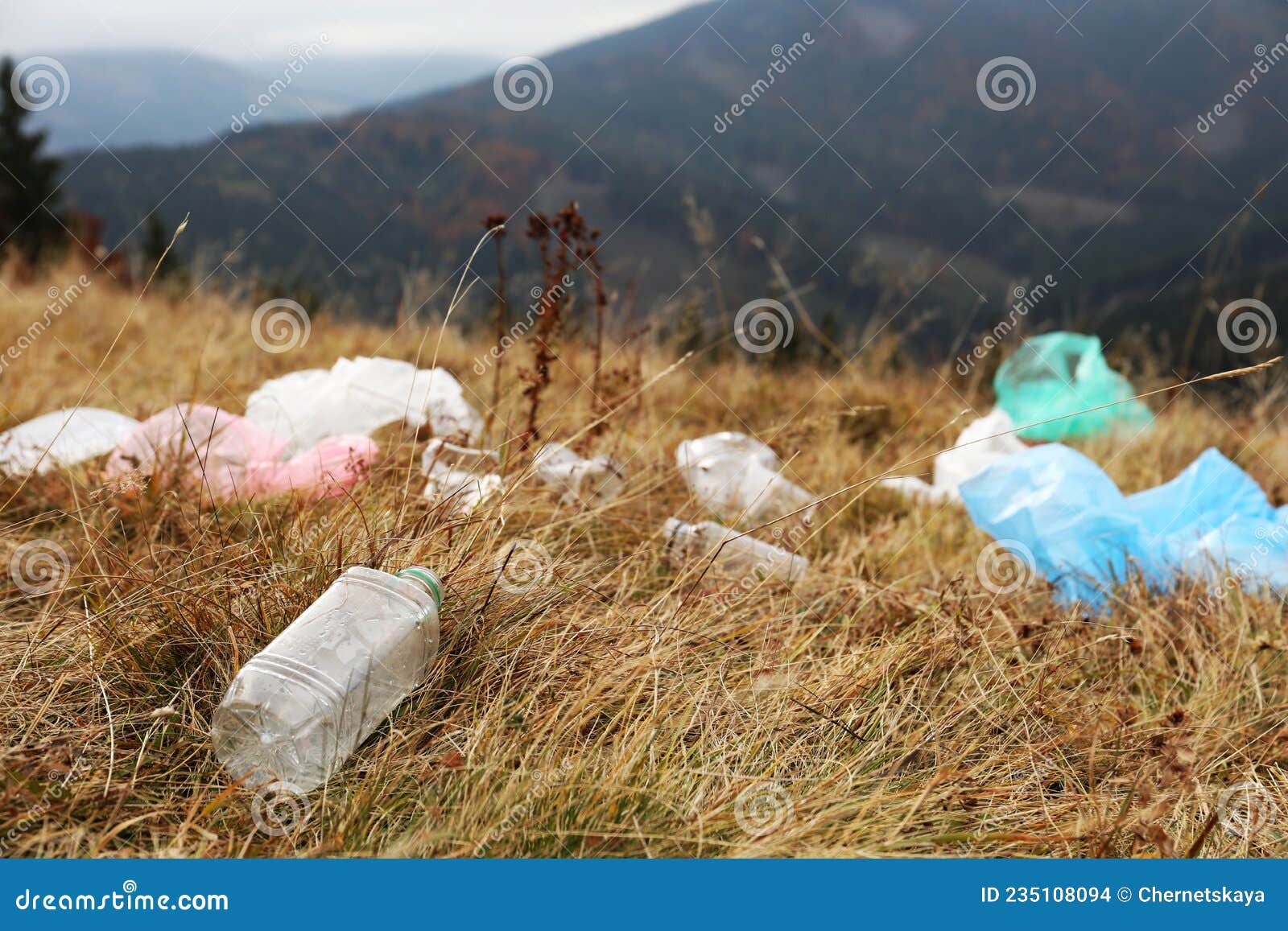 Garbage Scattered On Grass. Environment Pollution Problem Stock Photo ...