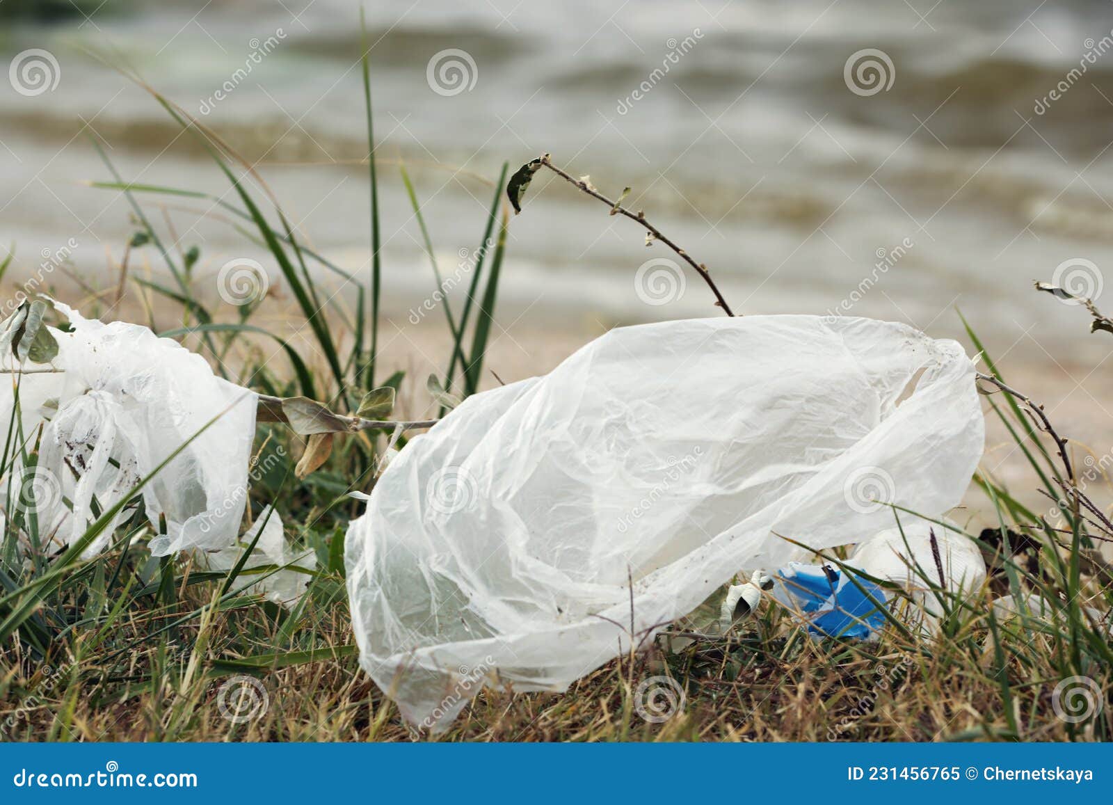 Plastic Garbage Scattered on Grass Near River Stock Image - Image of ...